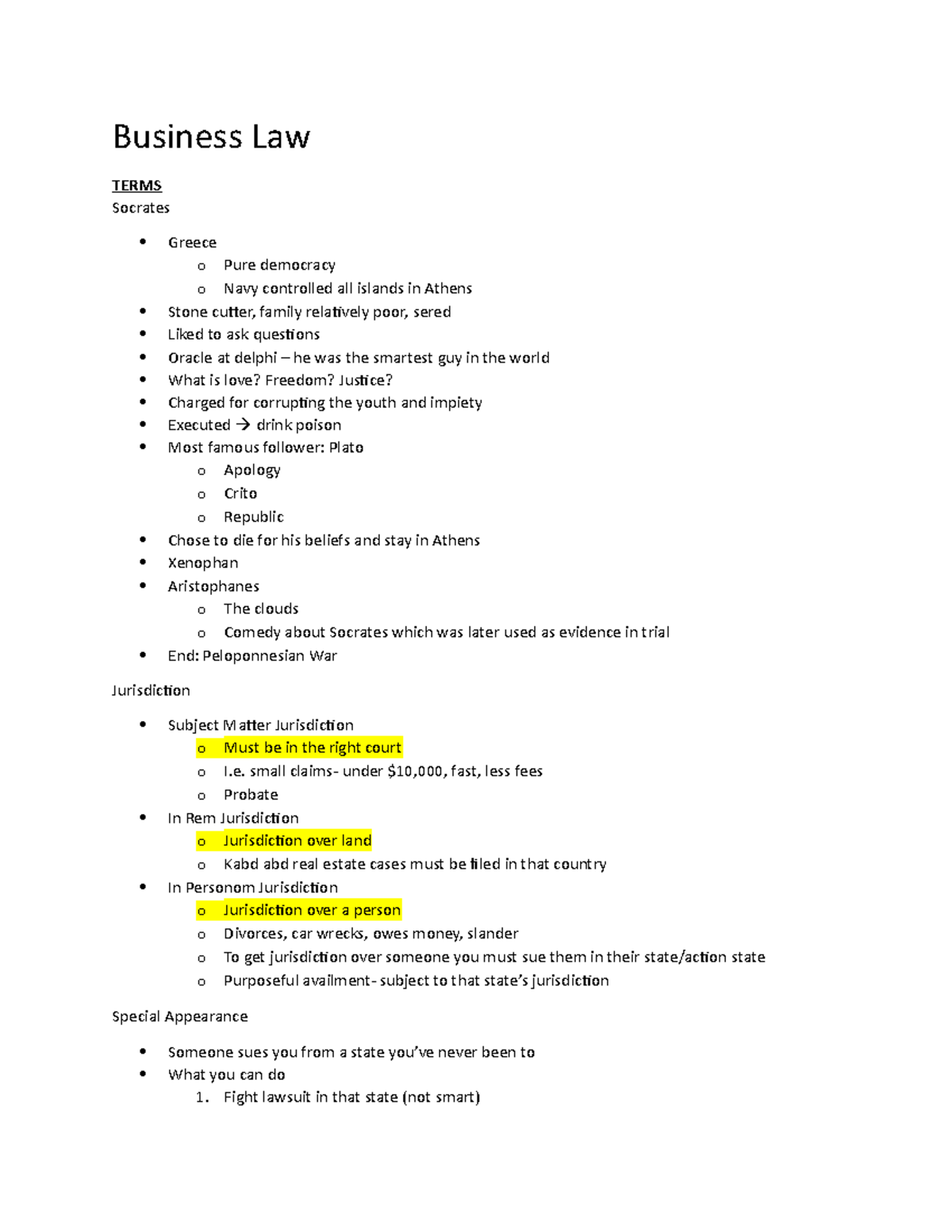 Business Law Lecture Notes - Business Law TERMS Socrates Greece o Pure ...