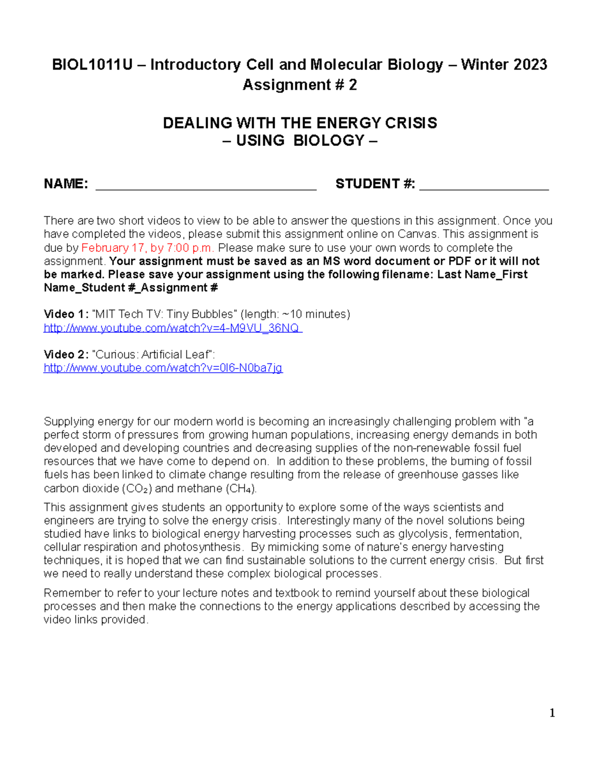 BIOL1011-W2023-Assignment 2 - BIOL1011U – Introductory Cell and ...