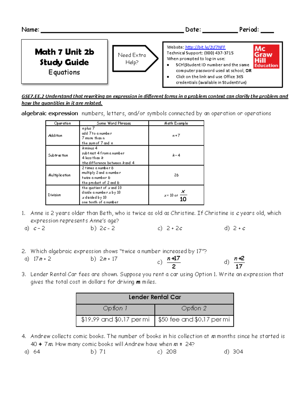Unit 2B Study Guide - math i think - Name: Date: Period: N GSE7.EE Understand that rewriting an ...