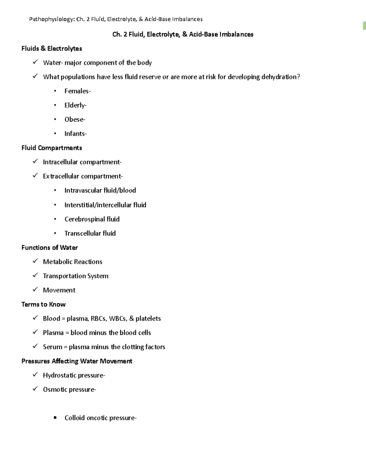 Ch. 2 Fluids, Electrolytes, and Acid-Base Imbalances Notes - Ch. 2 ...