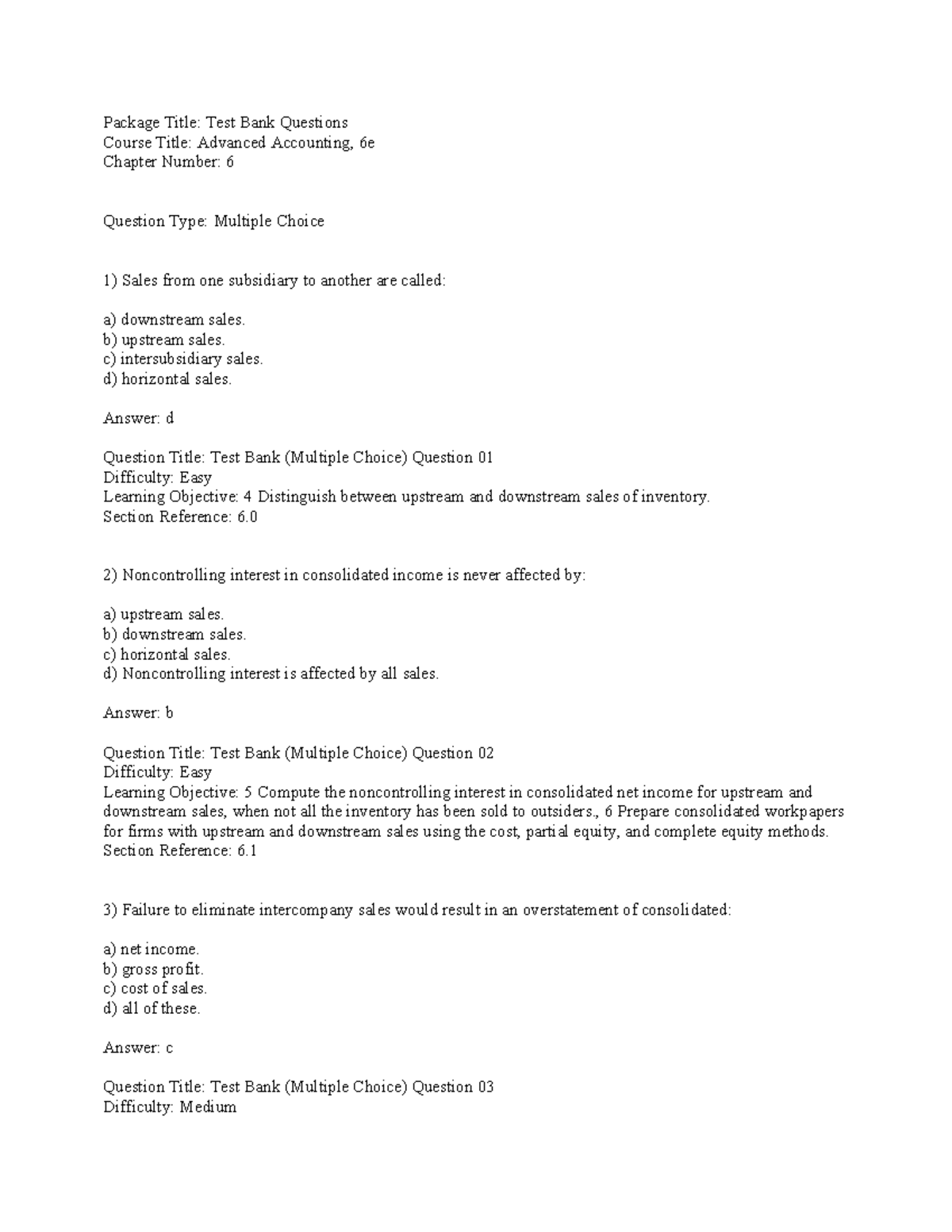 Test Bank ABC Intercompany - Package Title: Test Bank Questions Course ...