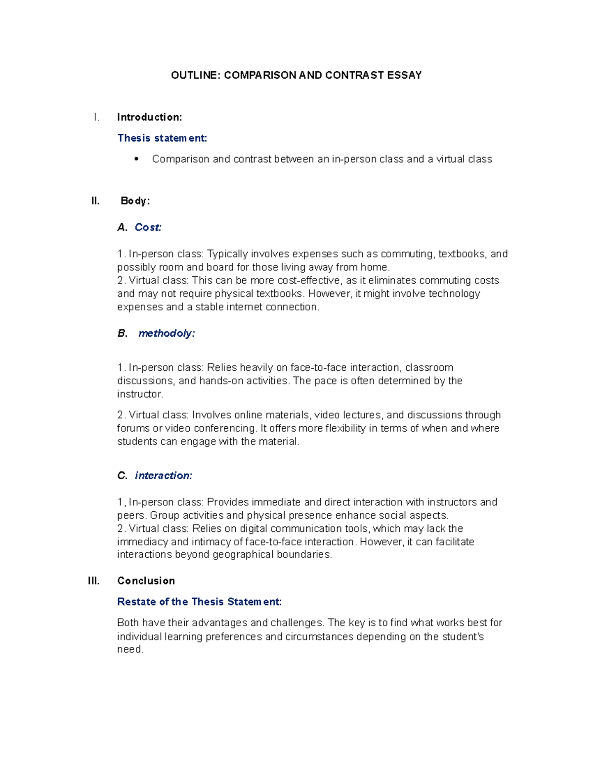 Outline - Comparison AND Contrast Essay Point BY Point - OUTLINE ...