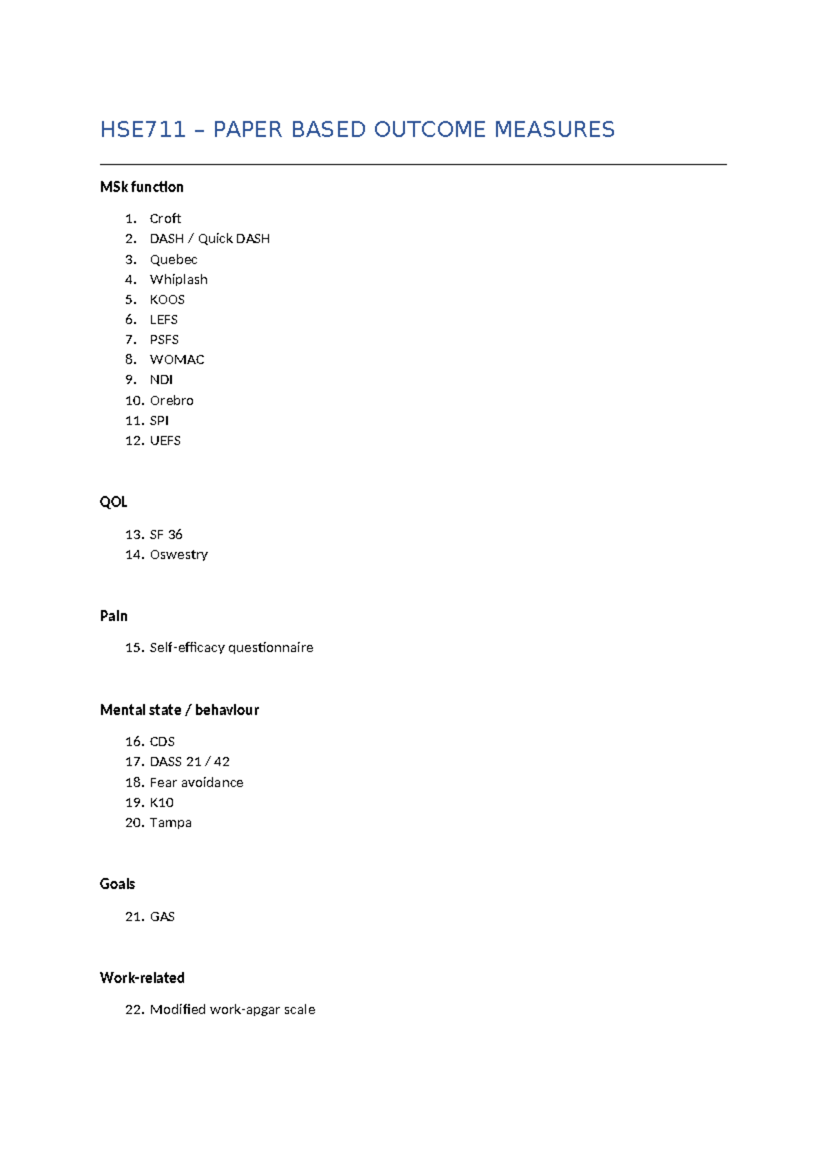 Paper based Outcome Measures 2020 - HSE711 – PAPER BASED OUTCOME ...