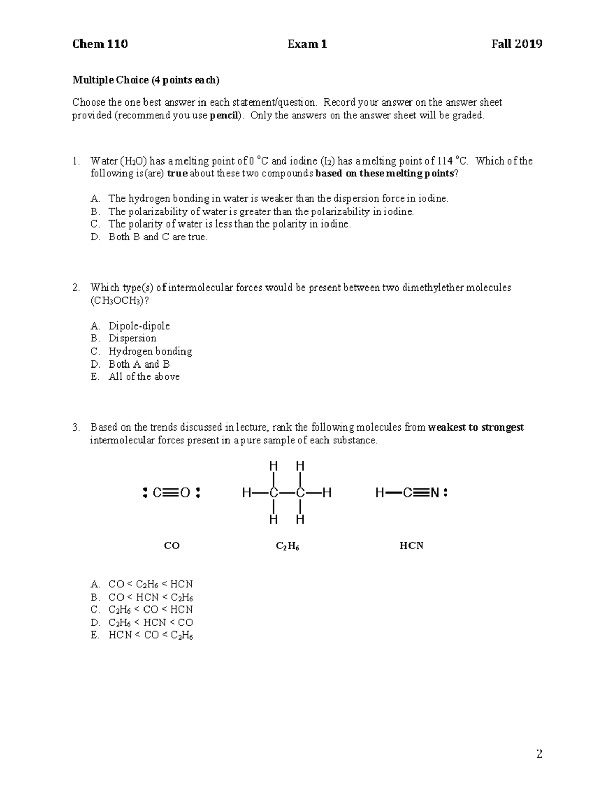 Exam1-110-Fa19 - Practice Exam #1 for Chem 110 - Multiple Choice (4 points each) Choose the one ...