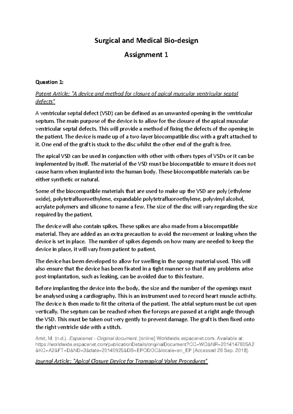 BME3102 Assignment 1 - Lab - Warning: TT: undefined function: 32 Surgical and Medical Bio-design ...