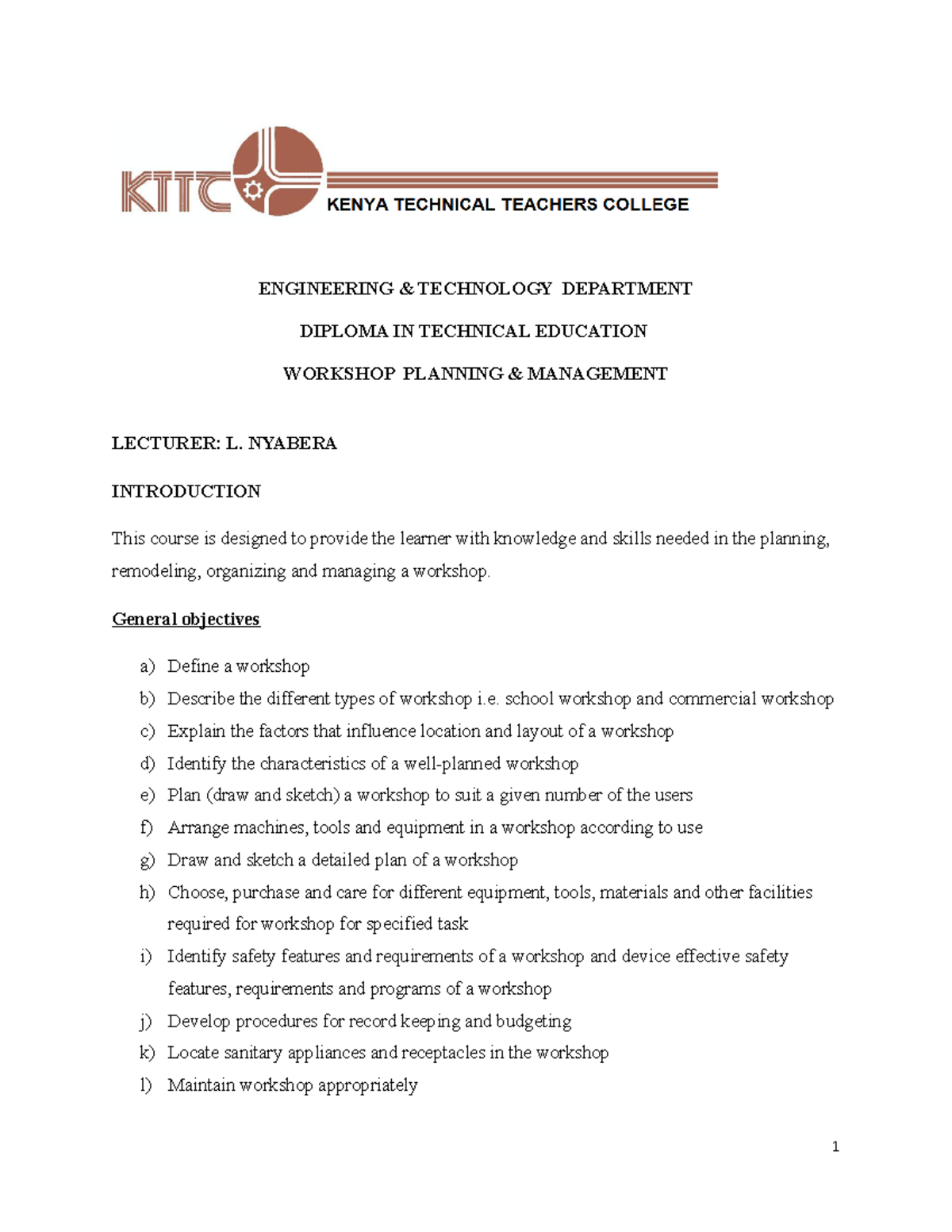 SHOP Planning Course Outline - ENGINEERING & TECHNOLOGY DEPARTMENT ...