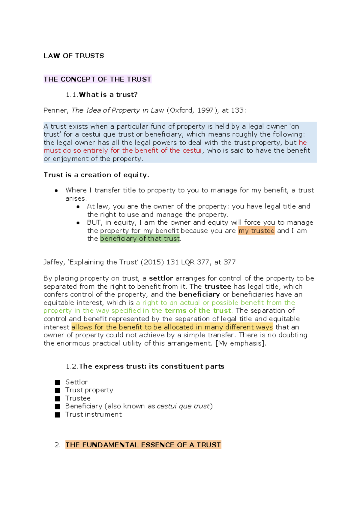 Introduction to Trusts Lecture Notes - LAW OF TRUSTS THE CONCEPT OF THE ...