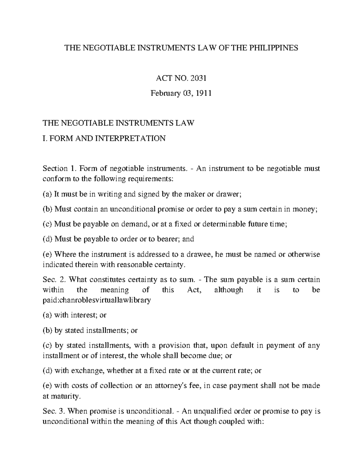 THE Negotiable Instruments LAW OF THE Philippines - THE NEGOTIABLE ...