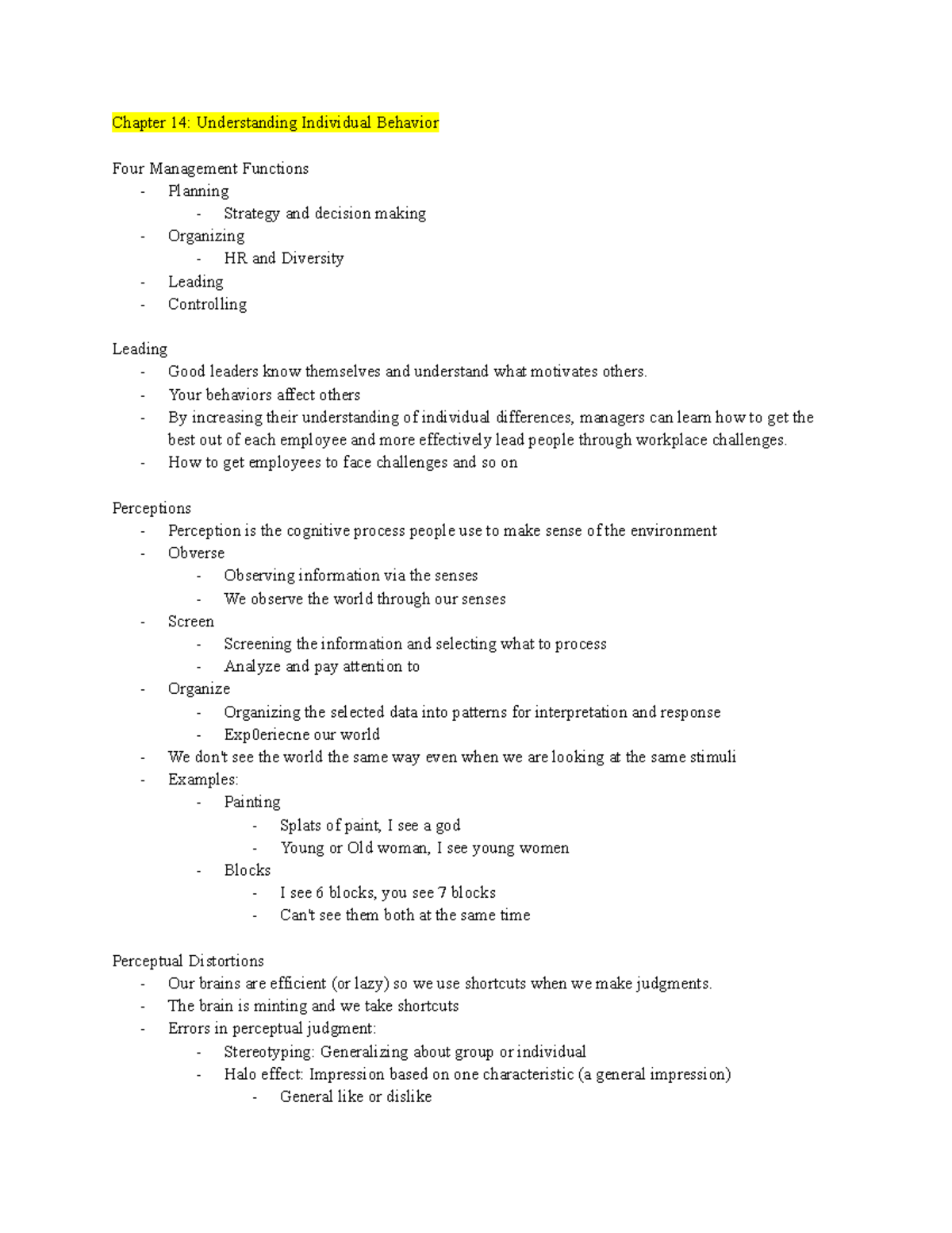 MGMT Final - Notes for Tests - Chapter 14: Understanding Individual ...