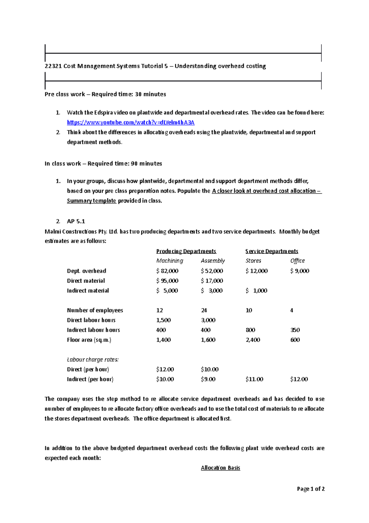 CMS Tutorial 5 - ... - 22321 Cost Management Systems Tutorial 5 ...