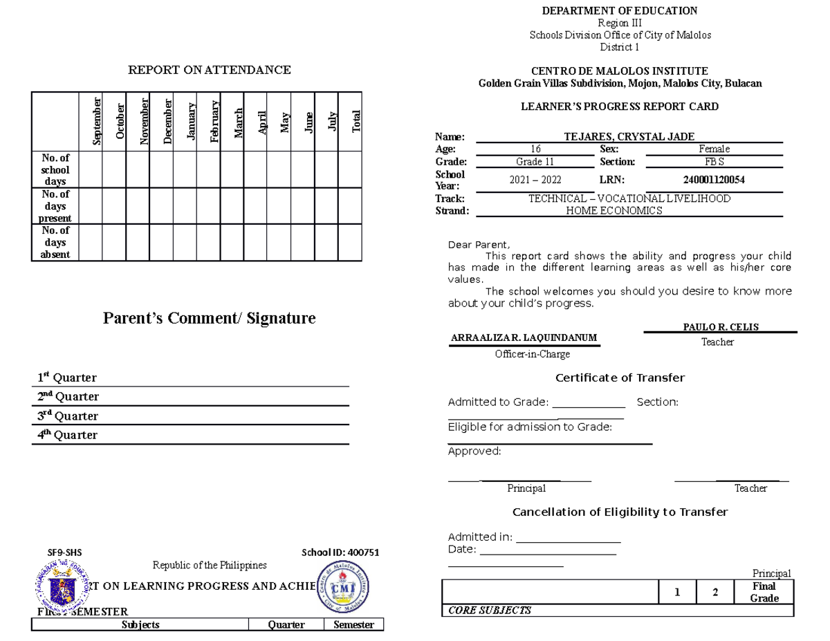 Card up - report card - REPORT ON ATTENDANCE September - Studocu