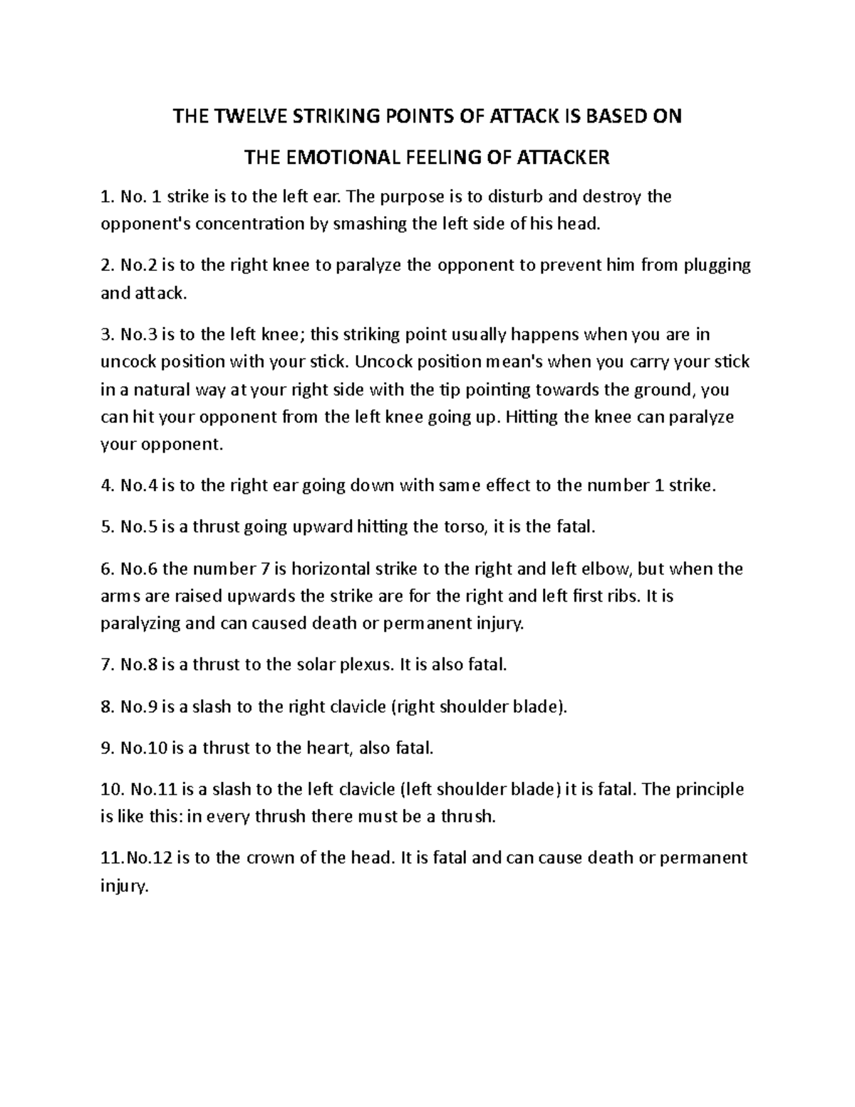 Arnis (Lecture Notes) - THE TWELVE STRIKING POINTS OF ATTACK IS BASED ...