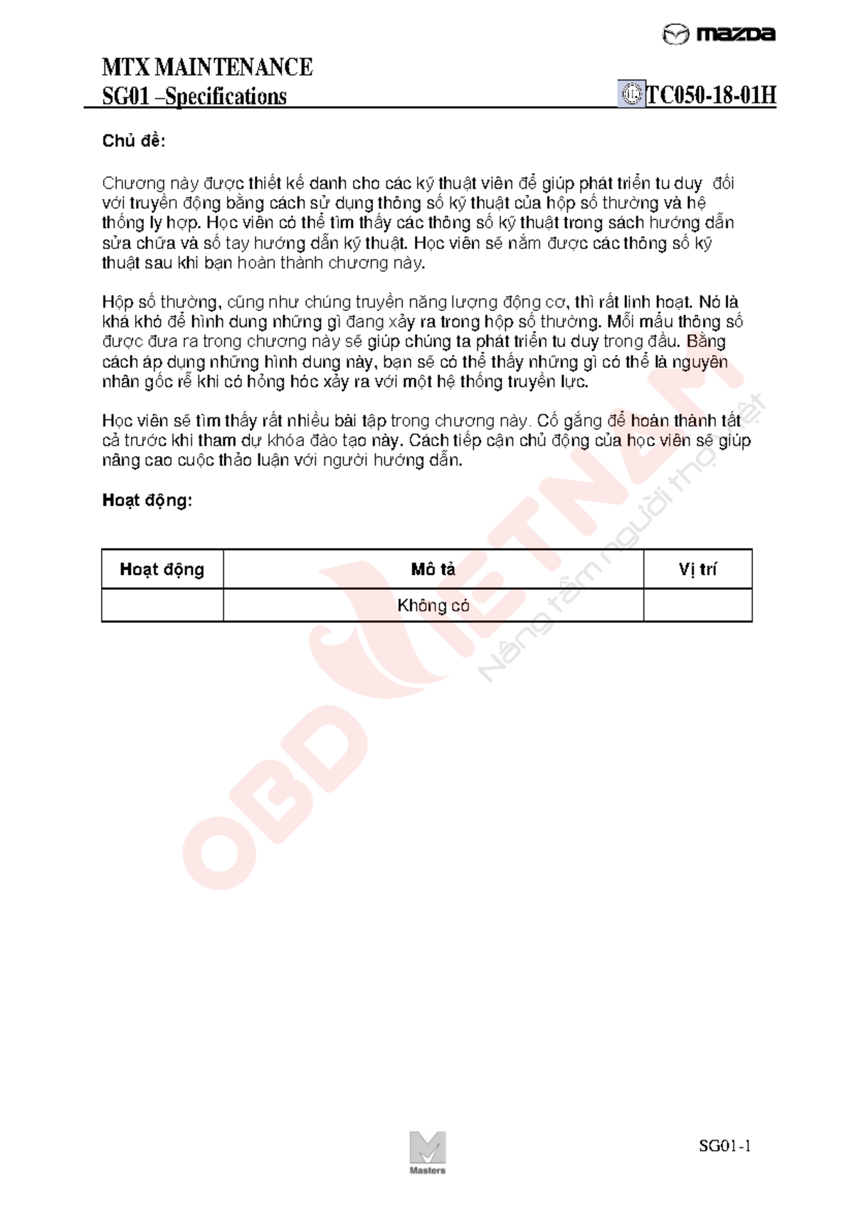 02. Chức năng hộp số thường - SG01 – Specifications TC050- 18 - 01H Chủ đề: Chương này được ...