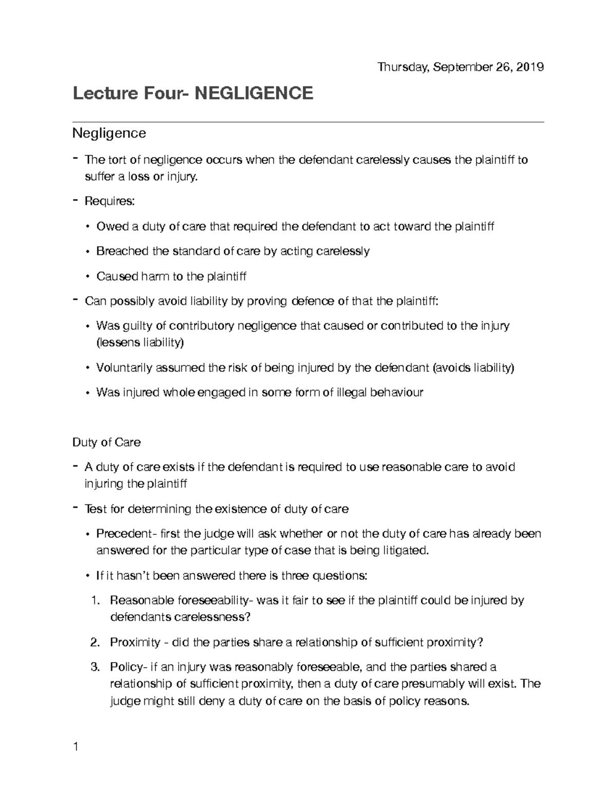 Law 122 lecture 4 - Mr. Bartoli notes - Lecture Four- NEGLIGENCE ...