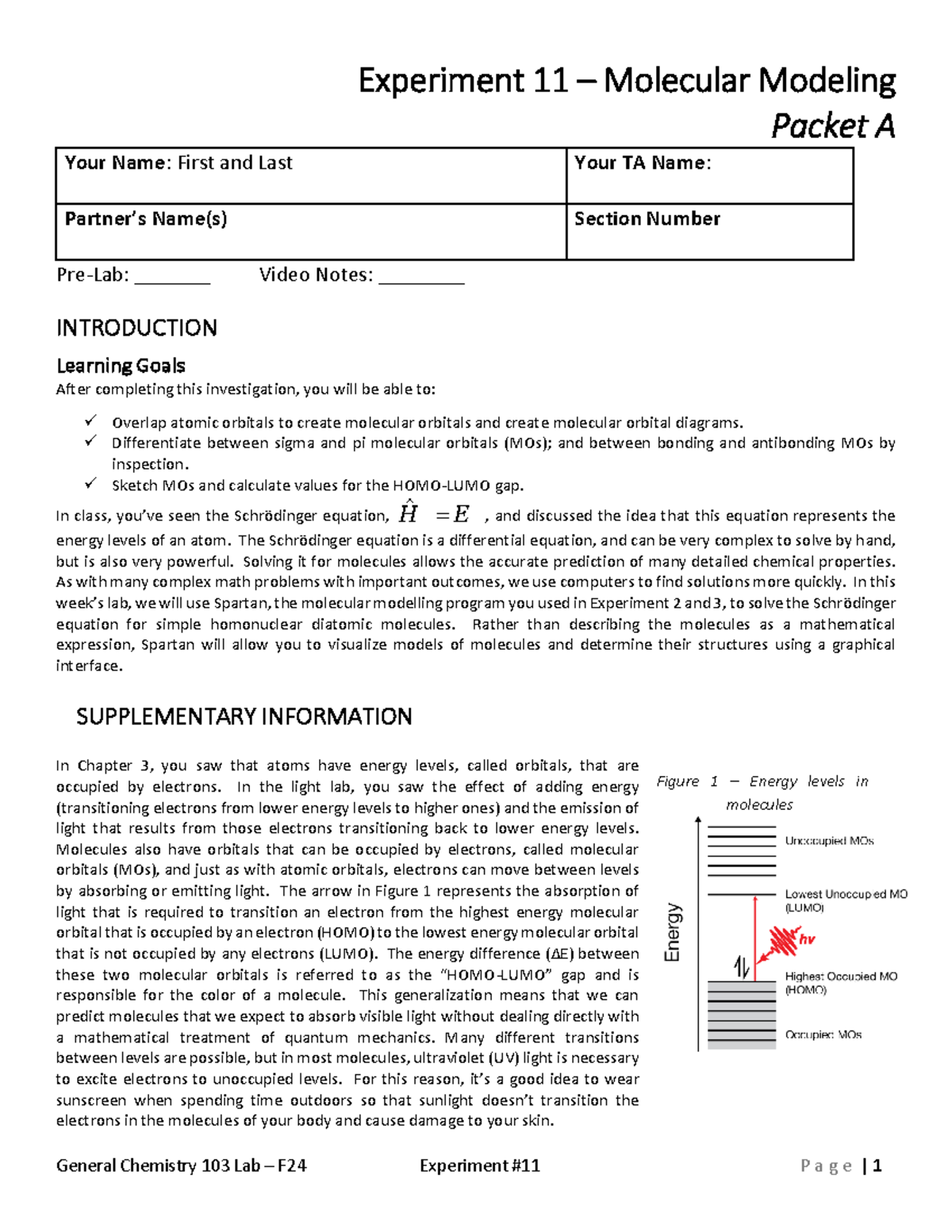 Chem lab 11 - chem lab - Experiment 11 – Molecular Modeling Packet A ...