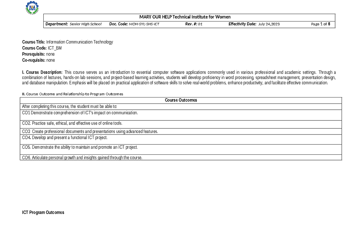 Grade 12 Computer Syllabus - Department: Senior High School Doc. Code ...