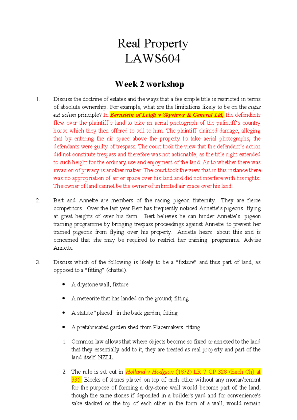 Workshop 1 - Real Property LAWS Week 2 workshop 1. Discuss the doctrine ...