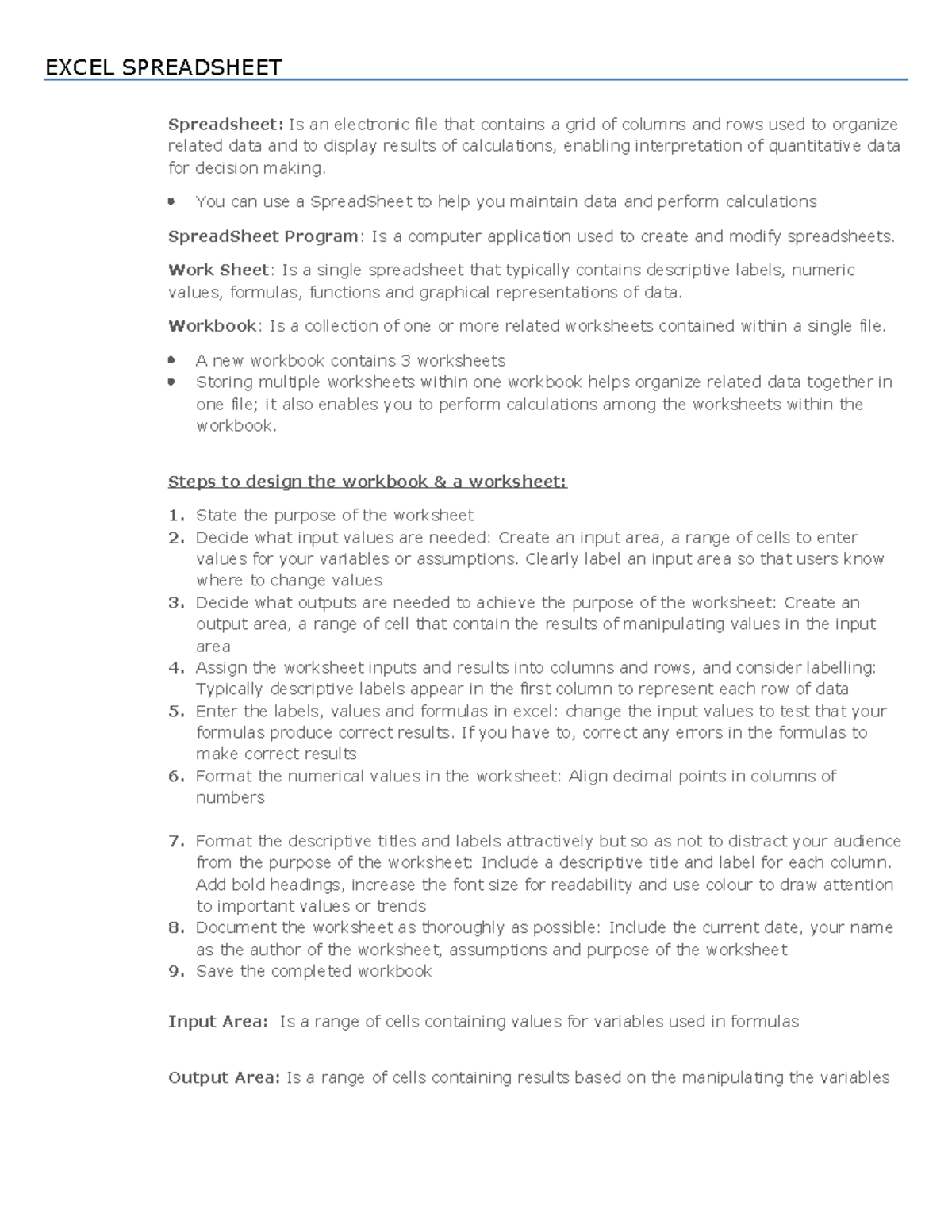 Excel BTM Notes - Lecture - Spreadsheet: Is an electronic file that ...