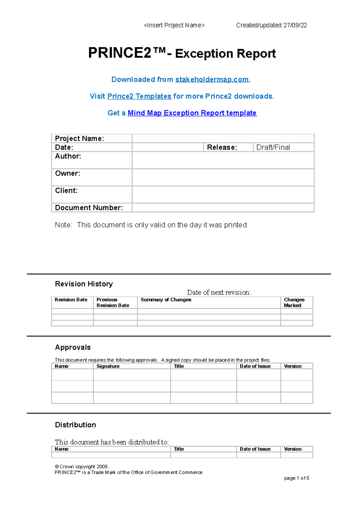 Exception Report - Created/updated 27/09/ PRINCE2™- Exception Report ...