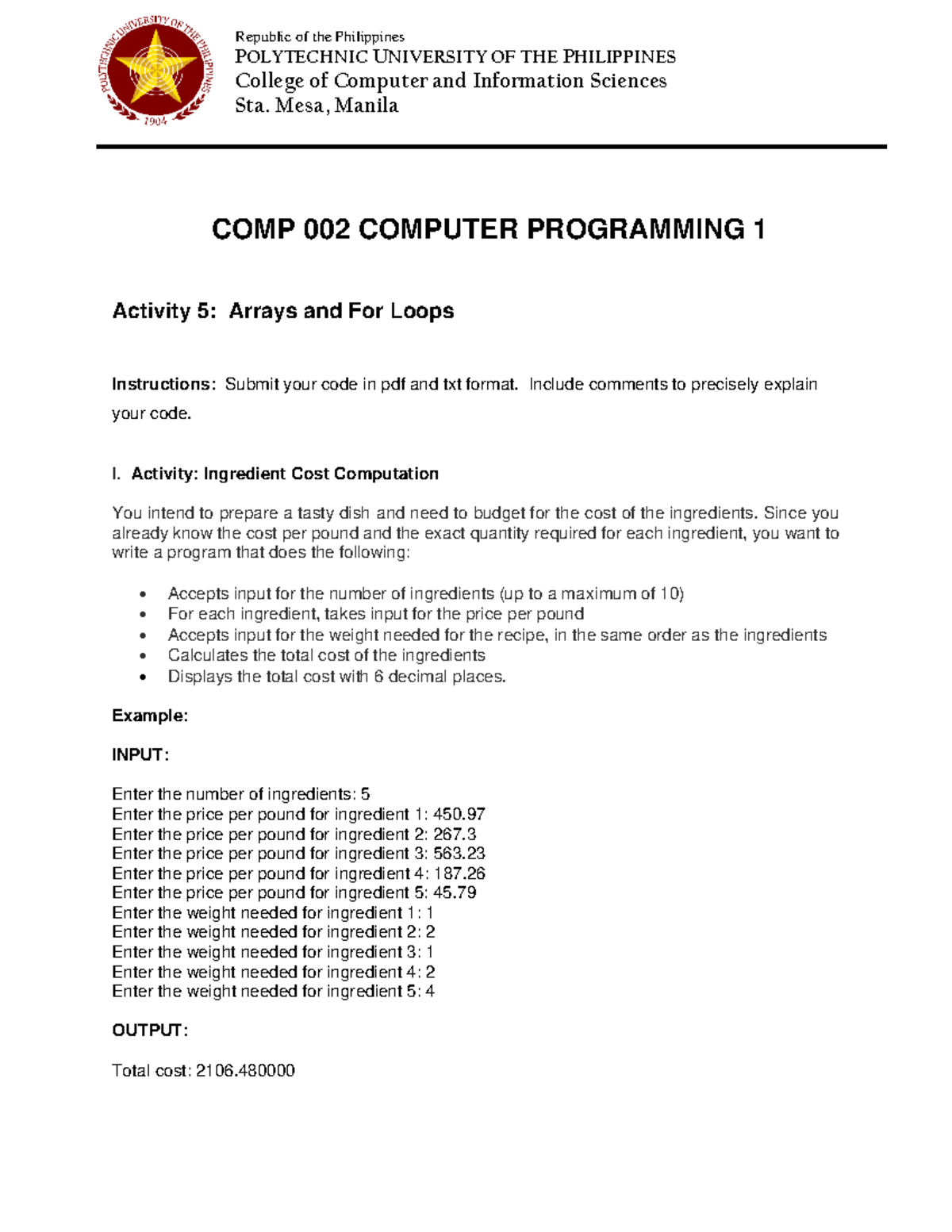 Activity 5- Arrays and For Loops - Republic of the Philippines ...
