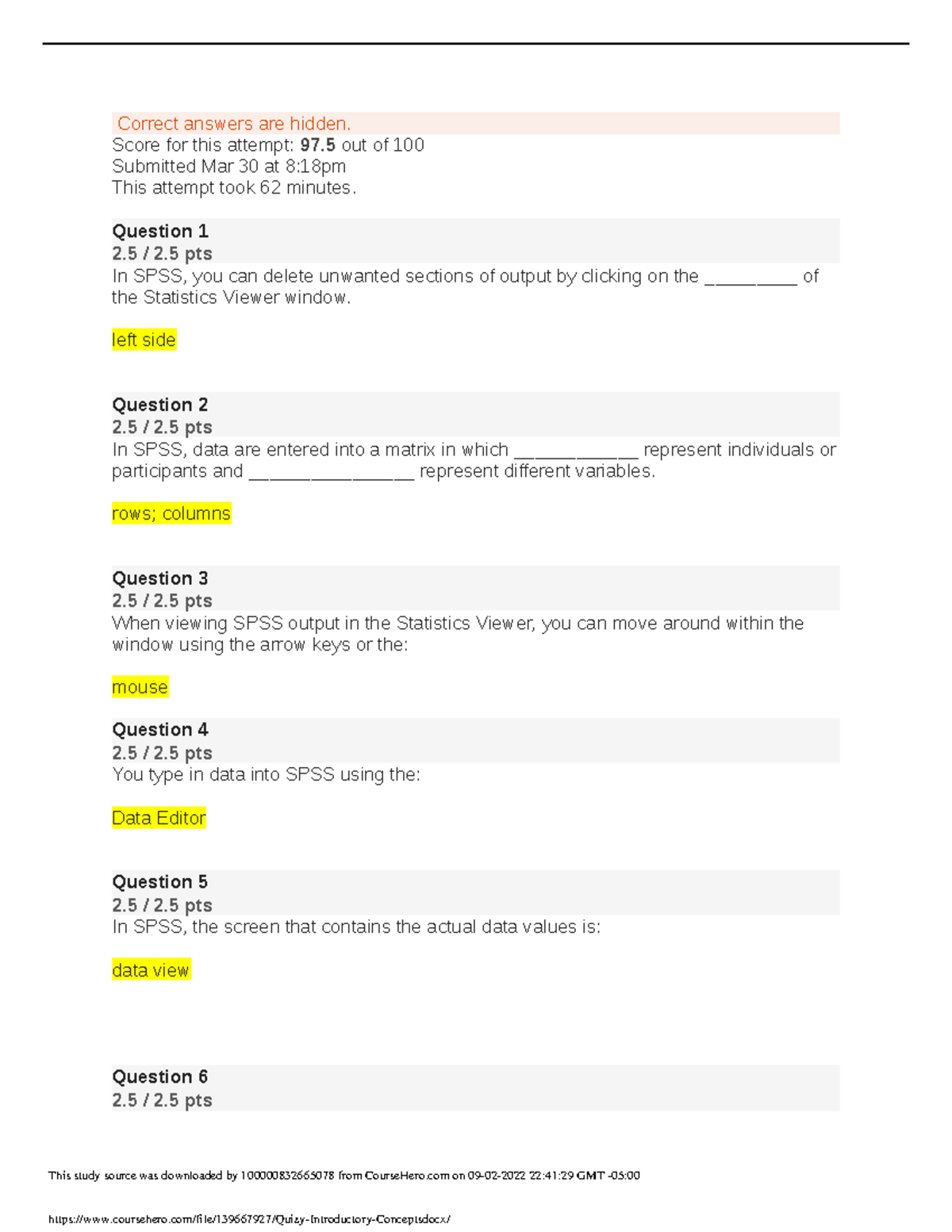 Quizy Introductory Concepts - Correct answers are hidden. Score for ...