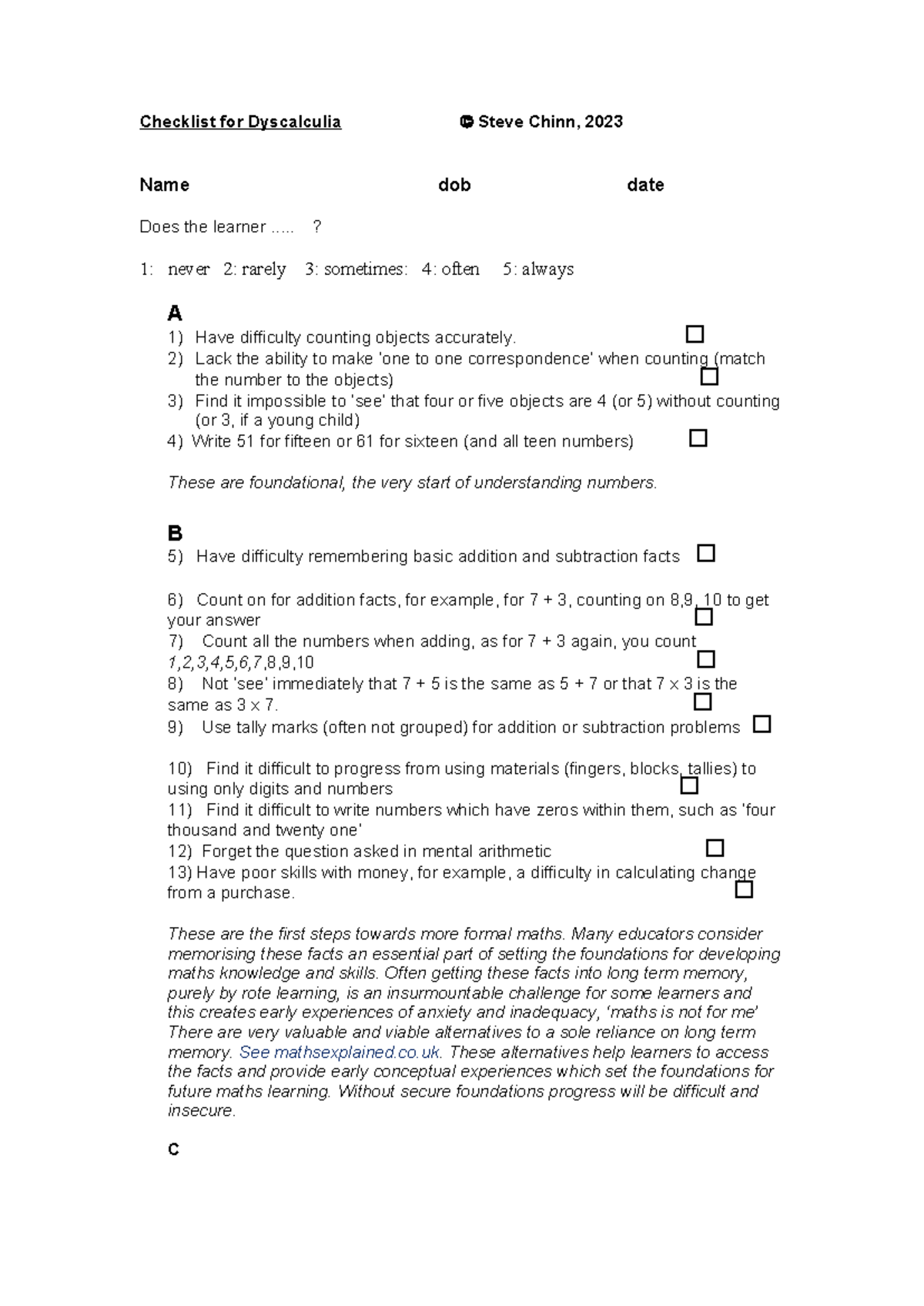 Checklist-for-Dyscalculia - Checklist for Dyscalculia Steve Chinn, 2023 ...