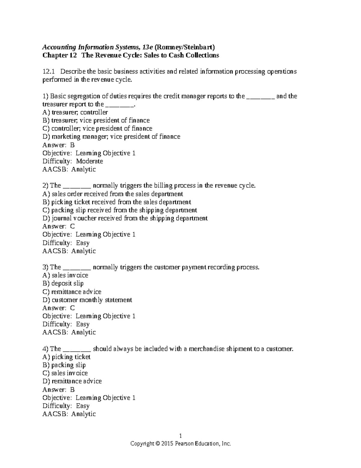 AIS - The Revenue Cycle Sales to Cash Collections Test Bank ...