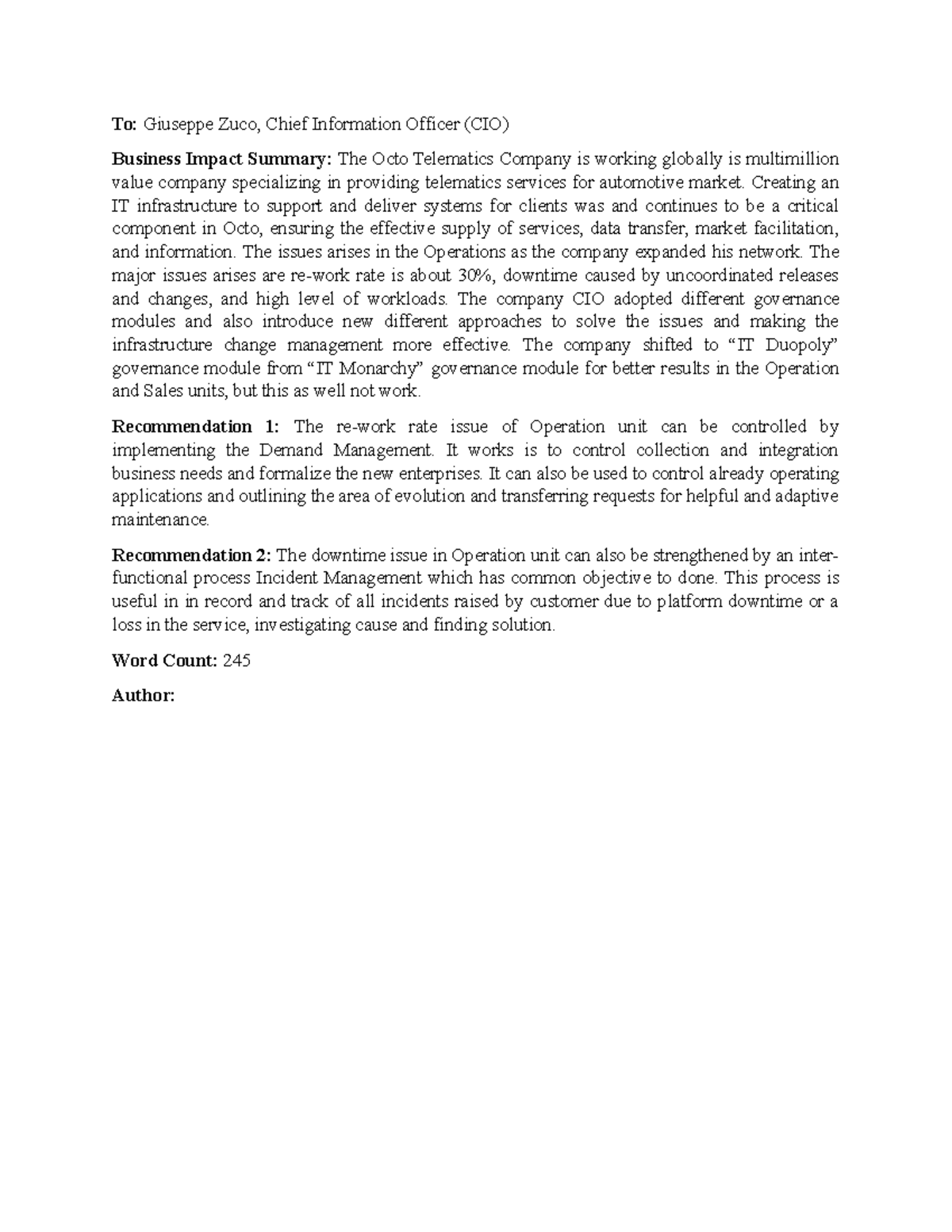 2nd student Use case Memo - To: Giuseppe Zuco, Chief Information ...
