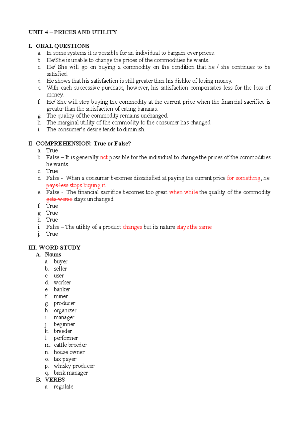 Reading Key to units 4,5 - UNIT 4 – PRICES AND UTILITY I. ORAL ...
