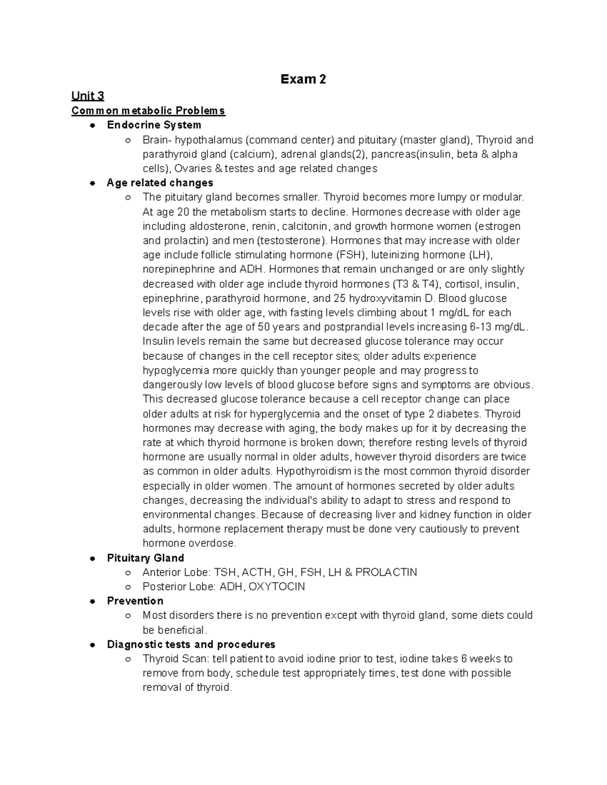 Med surg Exam 2 - Exam 2 notes LVN - Exam 2 Unit 3 Common metabolic ...