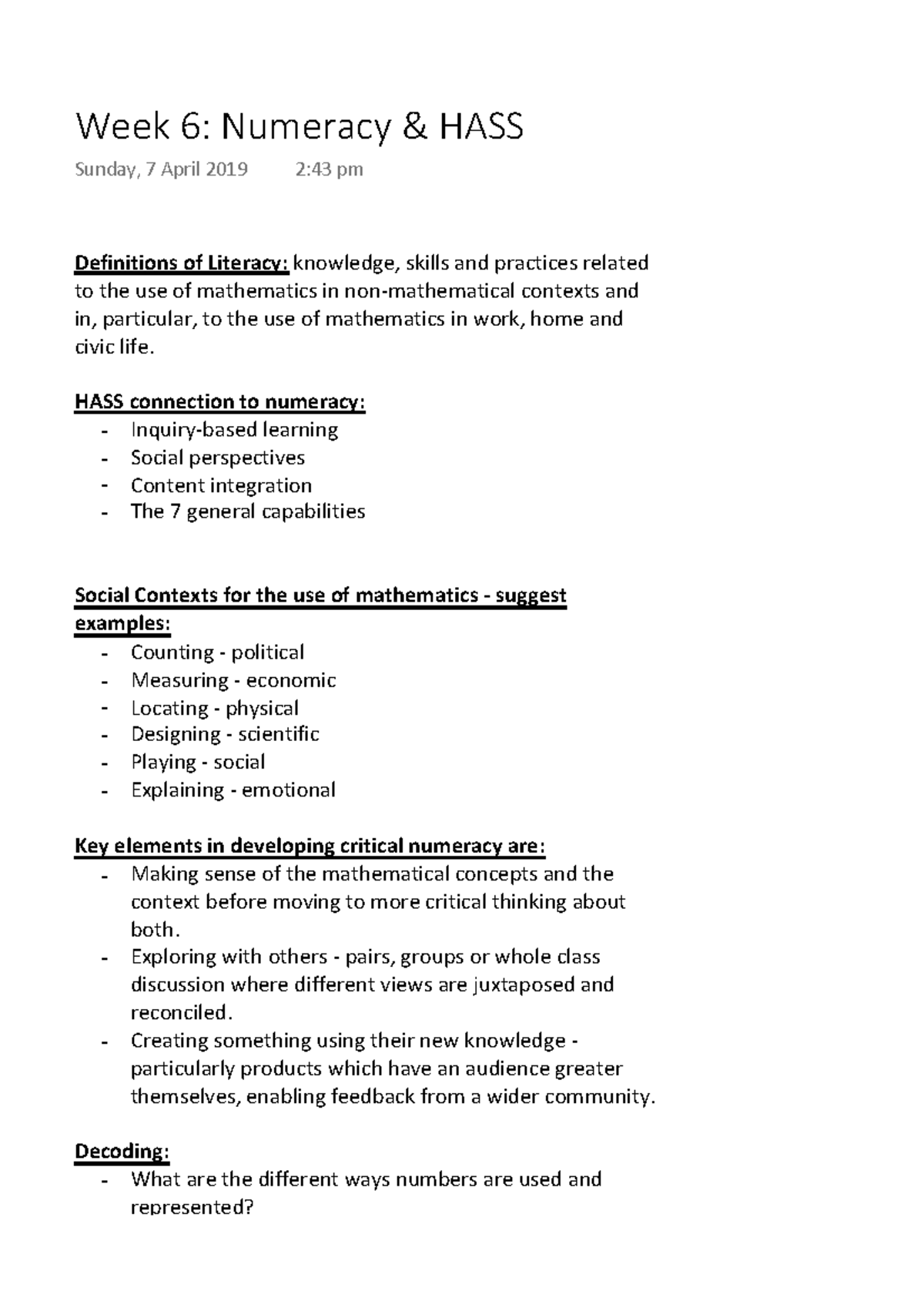Week 6 Numeracy & HASS - Lecture notes 6 - Week 6: Numeracy & HASS ...