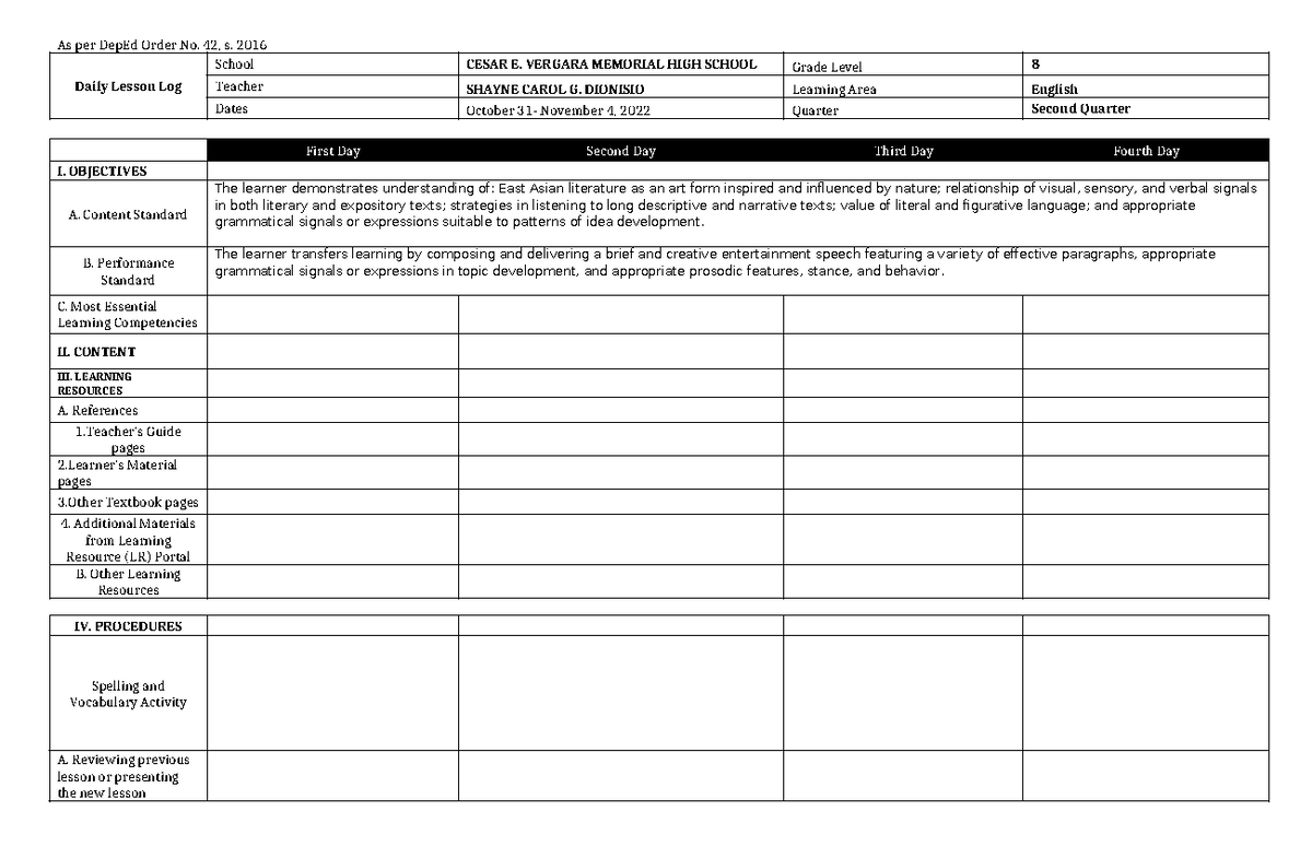 DLL Format - For reference - As per DepEd Order No. 42, s. 2016 Daily ...
