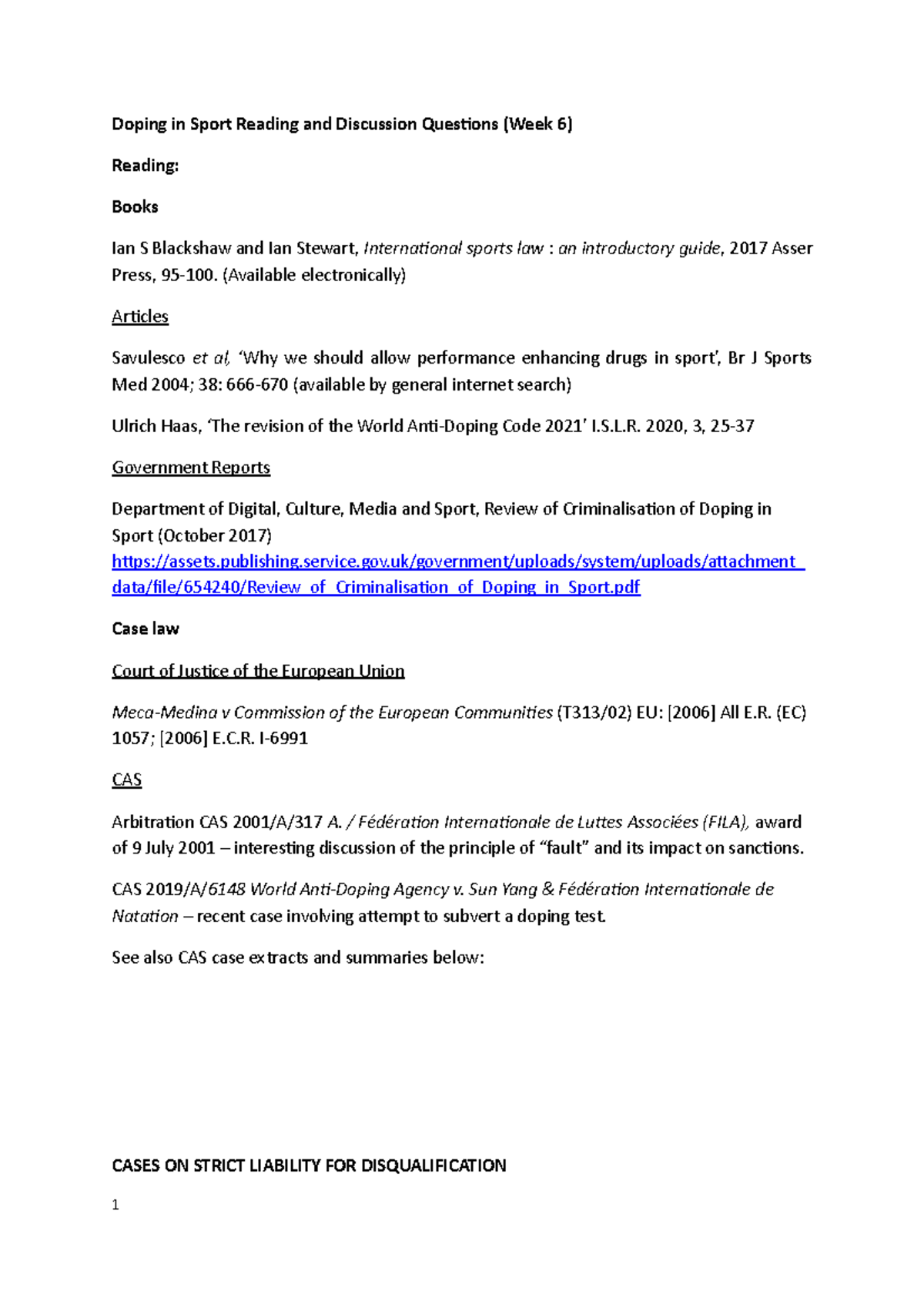 Doping week 6 reading - Doping in Sport Reading and Discussion ...