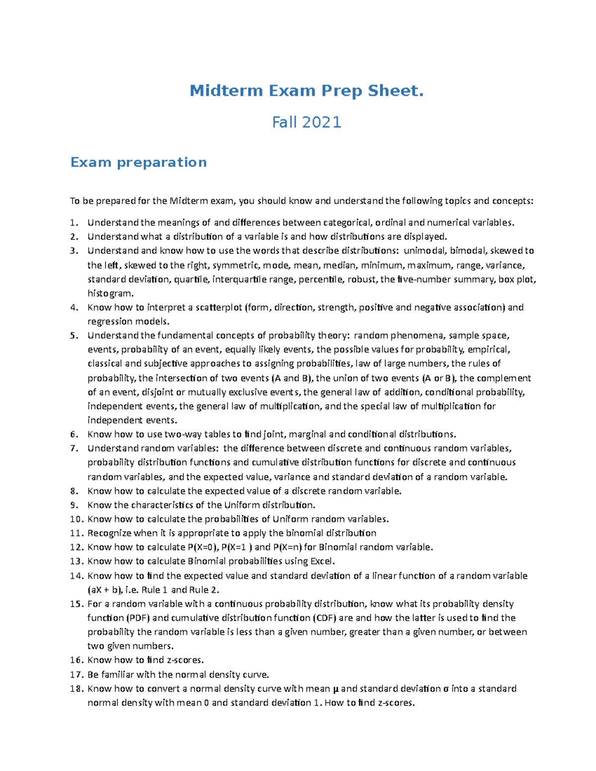 Midterm Exam Prep Sheet(1) - Fall 2021 Exam preparation To be prepared ...
