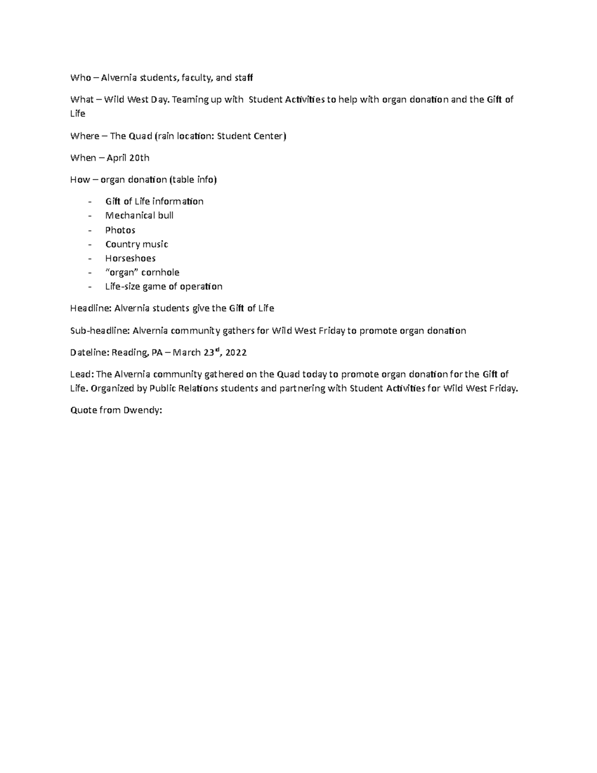 News Release - ghnm - Who – Alvernia students, faculty, and staf What ...