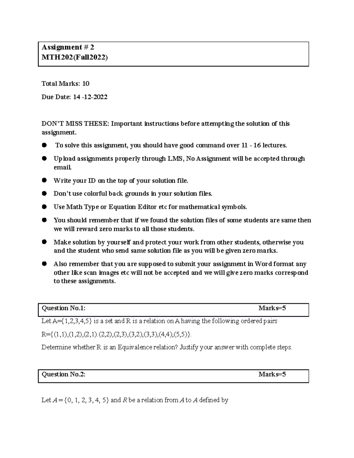 Fall 2022 MTH202 2 - Assignment # 2 MTH202(Fall2022) Total Marks: 10 Due Date: 14 -12- DON’T ...