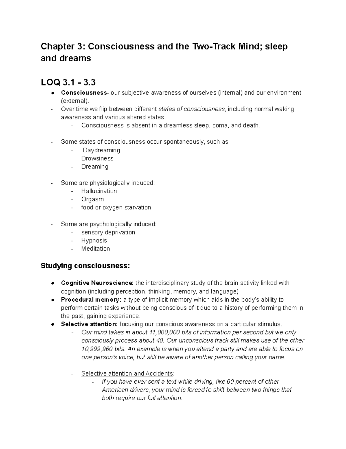 Psyc Fun Test II review sheet - Chapter 3: Consciousness and the Two ...