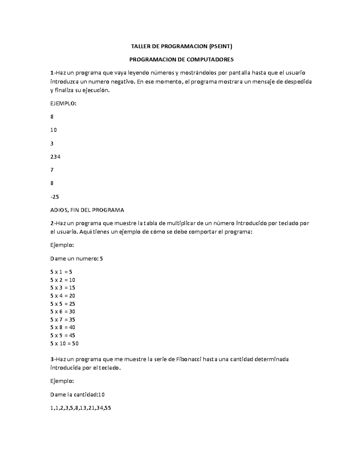 Taller de Programacion Ciclos - TALLER DE PROGRAMACION (PSEINT) PROGRAMACION DE COMPUTADORES 1 ...