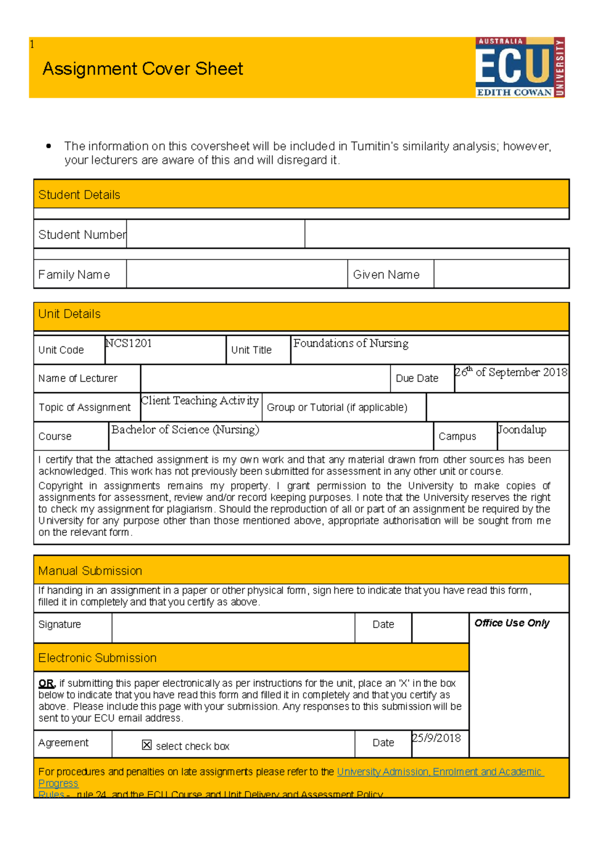 Client Teaching Activity - 1 Assignment Cover Sheet The information on ...