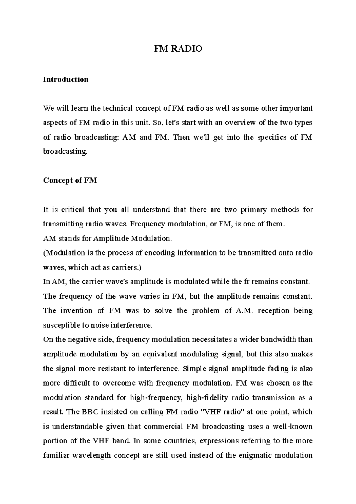FM Radio - Lecture notes 6 - FM RADIO Introduction We will learn the ...