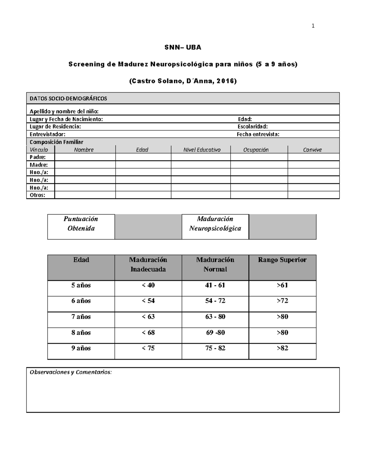 Screening Cognitivo para niños 5-9 - SNN– UBA Screening de Madurez ...