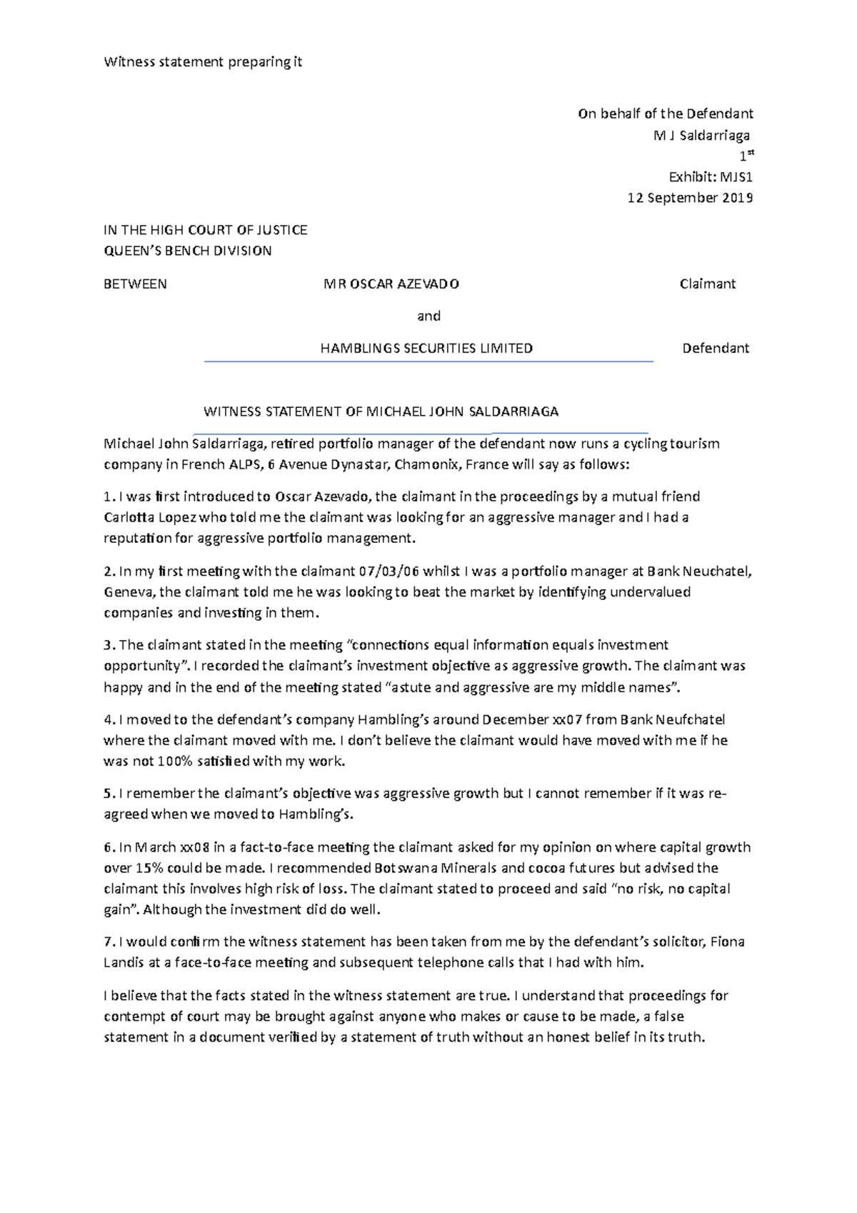 Witness statement preparation task WS11 - Witness statement preparing ...