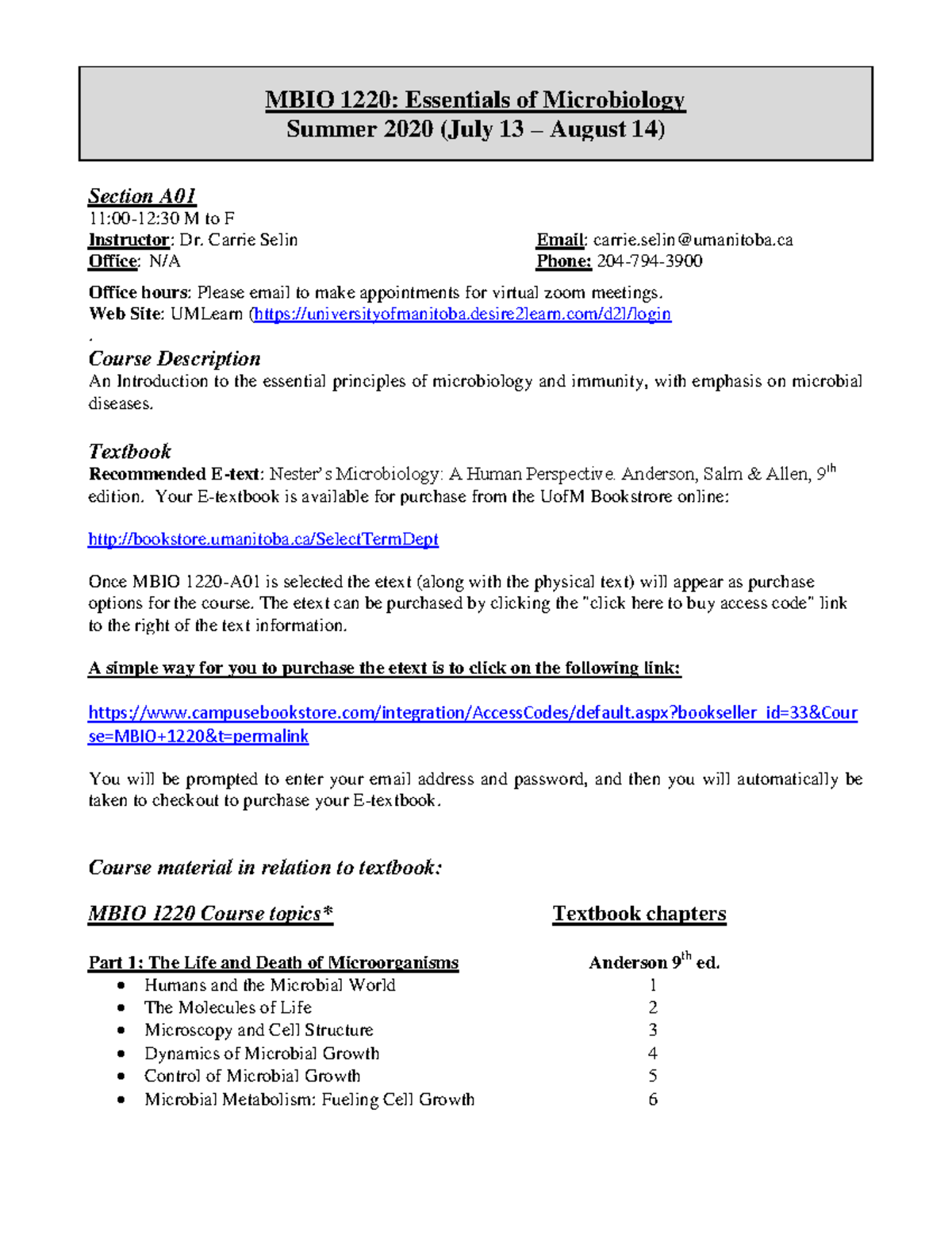 MBIO1220 Course Syllabus A01 summer 2020 - MBIO 1220: Essentials of Microbiology Summer 2020 ...