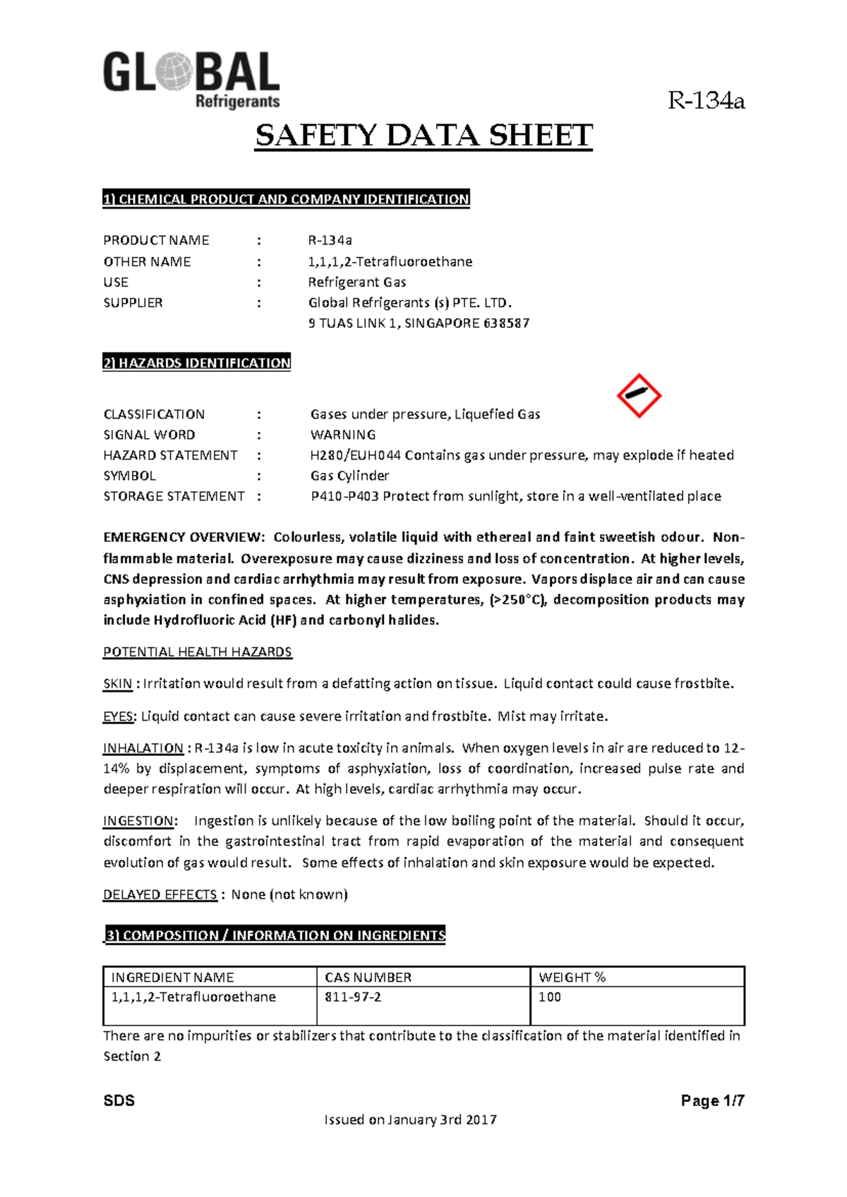 Global SDS R 134a - ... - SDS Page 1 / 7 SAFETY DATA SHEET 1) CHEMICAL PRODUCT AND COMPANY - Studocu