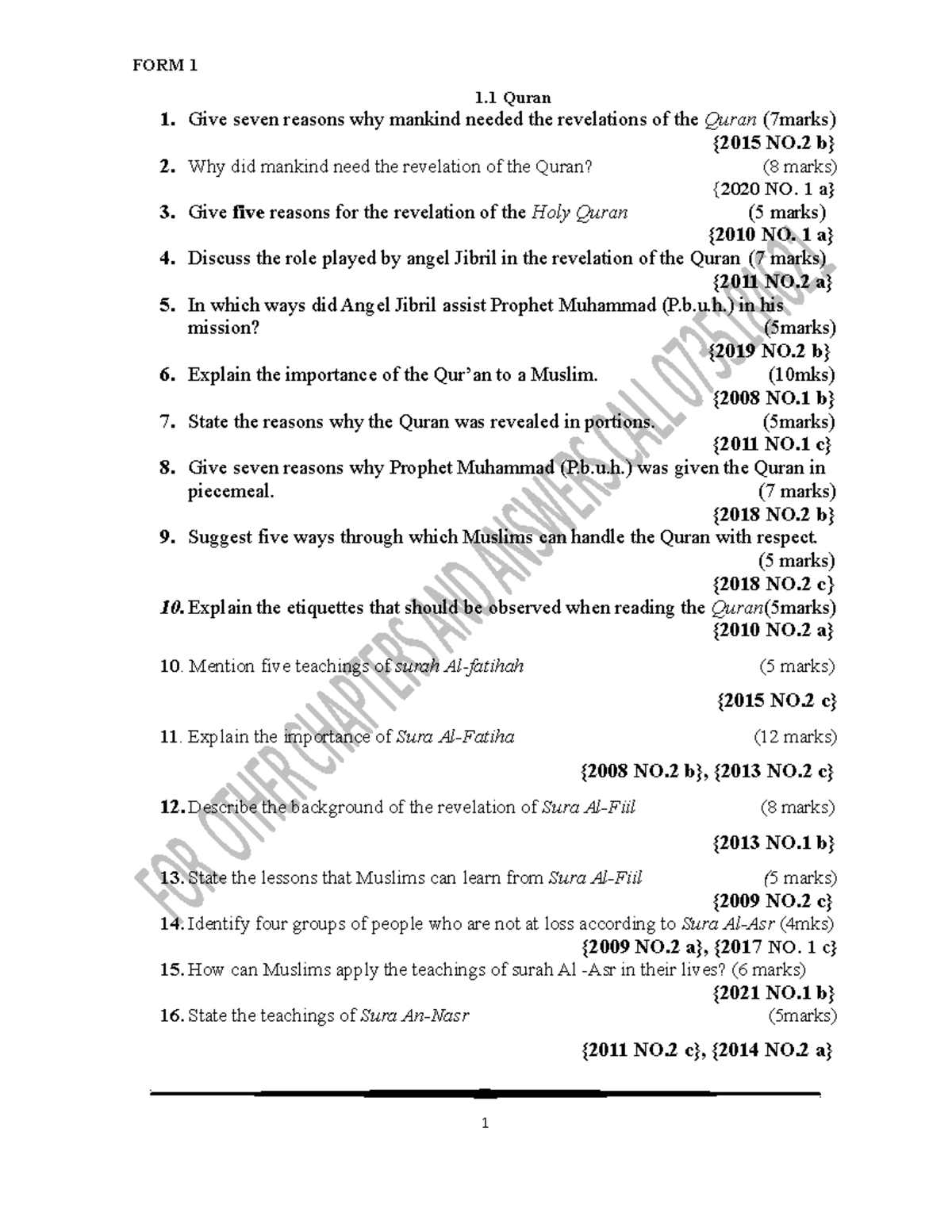 Familiarising KCSE IRE - FORM 1 1 Quran Give seven reasons why mankind ...