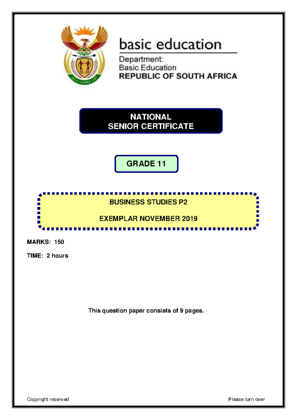 2019 Grade 11 November Paper 2 Exemplar Question Paper National DBE ...