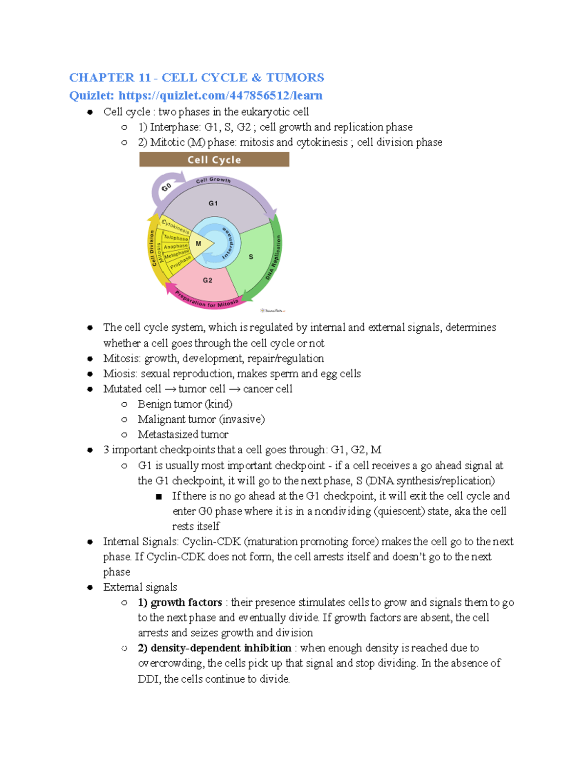 BIOL 101 Chapter 11 Study Guide - CHAPTER 11 - CELL CYCLE & TUMORS Quizlet: - Studocu