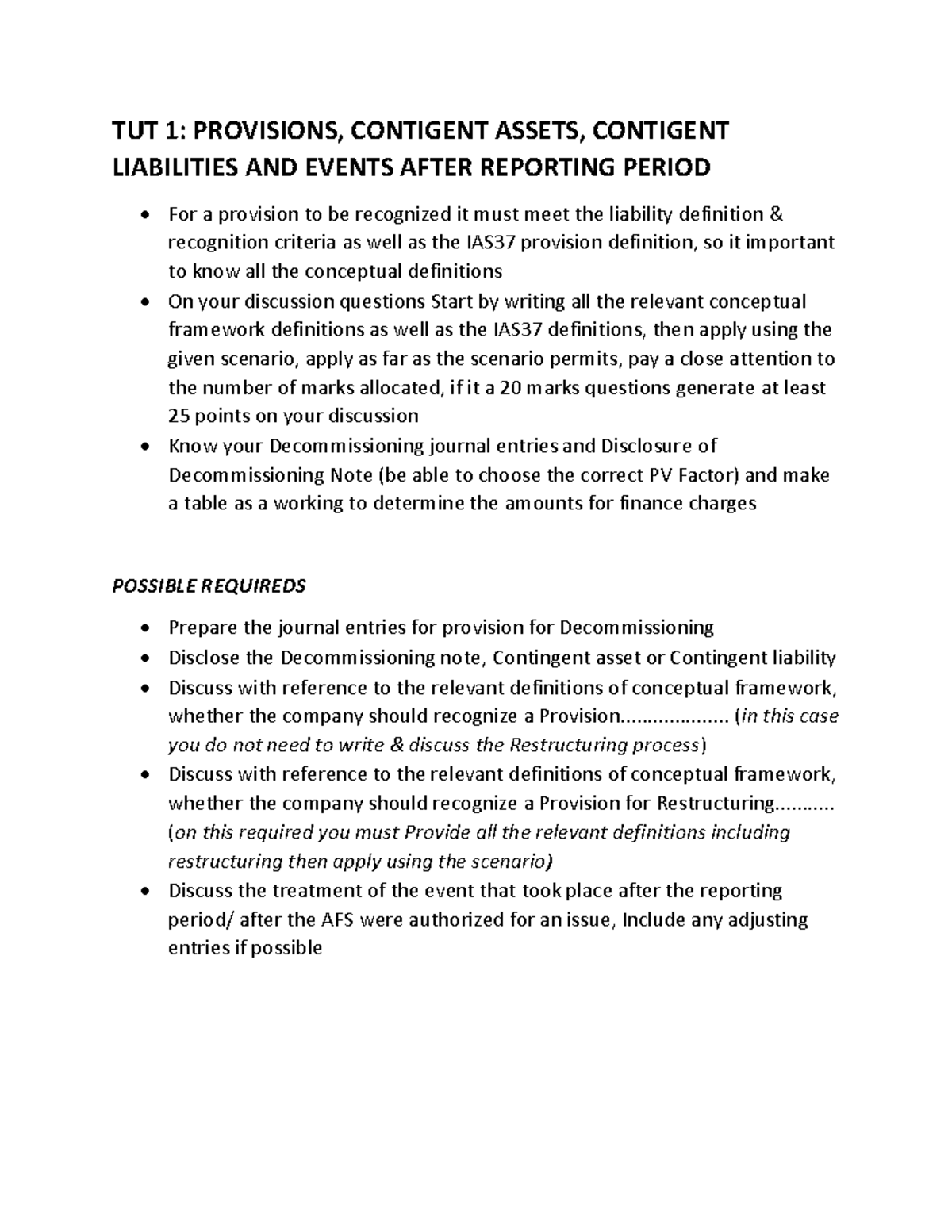 ACCT212 WEEK 1-4 Tutor notes - TUT 1: PROVISIONS, CONTIGENT ASSETS ...