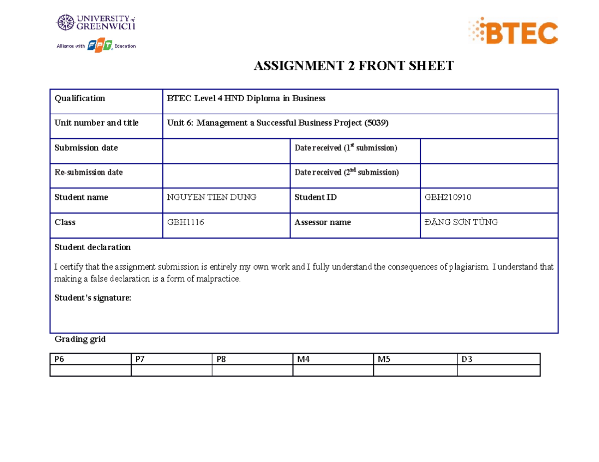 5039 Assignment 2 Frontsheet - ASSIGNMENT 2 FRONT SHEET Qualification ...