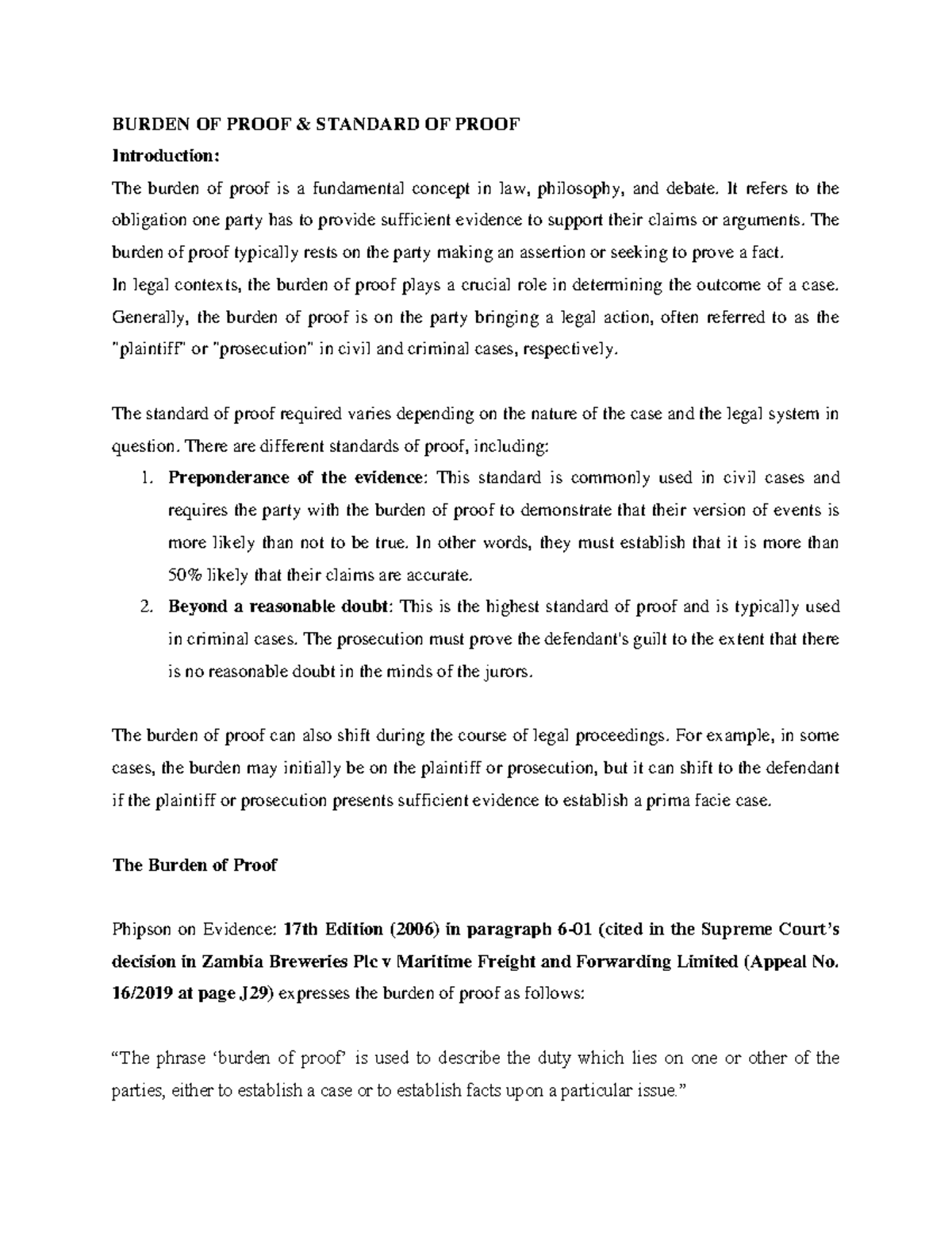 Evidence notes Week 3 - N/A - BURDEN OF PROOF & STANDARD OF PROOF ...